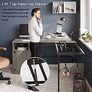 Bestier L Shaped Standing Desk Adjustable Height, 60" Corner Computer Desk with Storage File Cabinet, 95.2" Long and Large Reversible Office Desk with Lift Top, Washed Gray