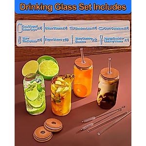 Yooler Glass Cups with Lids and Straws - 16oz Can Shaped Drinking Beer Glasses, Iced Coffee Cups, Cute Glass Tumbler with Straw and Bamboo Lid, Ideal for Cocktail, Whiskey, Gift (Set of 4)