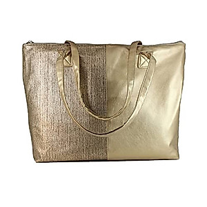 LONI Womens Metallic Faux Leather Tote Shoulder Beach Holiday Bag in Gold