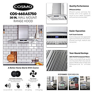 COSMO COS-668AS750 30 in. Wall Mount Range Hood with 380 CFM, Curved Glass, Ducted Convertible Ductless (additional filters needed, not included), 3 Speeds, Permanent Filters in Stainless Steel