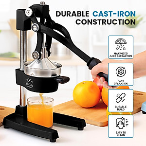 Zulay Professional Citrus Juicer - Manual Citrus Press and Orange Squeezer - Metal Lemon Squeezer - Premium Quality Heavy Duty Manual Orange Juicer and Lime Squeezer Press Stand, Black