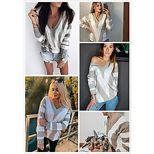 Elapsy Women‘s Casual Long Sleeve Oversized Knit Sweaters Striped Blockcolor V Neck Loose Lightweight Knited Sweater Pullover Sweater Gray L