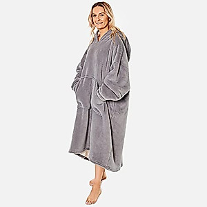 Sienna Extra Long Oversized Blanket Hoodie Wearable Throw with Pockets Sleeves Soft Sherpa Fleece Wearable Throw Giant Sweatshirt, Charcoal Grey