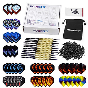 ROOBEEO Soft Tip Darts 12 Pcs 18g Plastic Tip Darts Set with Brass Steel Barrels&Aluminum Shafts,200 Extra Dart Tips 42 Dart Flights 20 Extra Rubber Rings and 1 Storage Bag for Electronic Dart Board