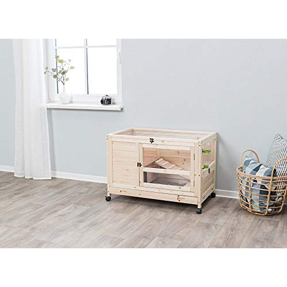 TRIXIE Natura X-Small Indoor Rabbit Hutch, Pet House for Rabbits and Guinea Pigs, Bunny Cage on Wheels, Pull Out Tray