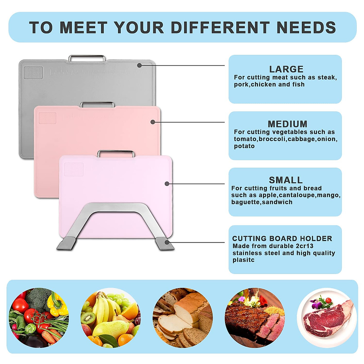 FIVETAS cutting boards for kitchen dishwasher safe,set of 3 with holder,plastic cutting boards with Easy-Grip Handles.GARLIC GRINDING AREA. BPA Free, Non-porous Non-Slip Feet