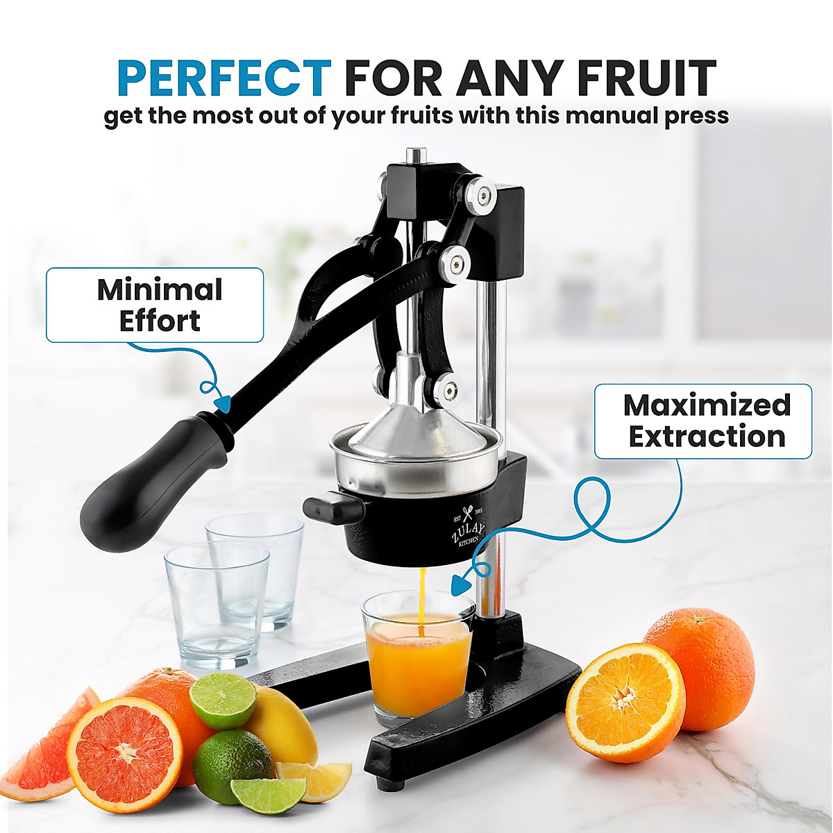 Zulay Professional Citrus Juicer - Manual Citrus Press and Orange Squeezer - Metal Lemon Squeezer - Premium Quality Heavy Duty Manual Orange Juicer and Lime Squeezer Press Stand, Black