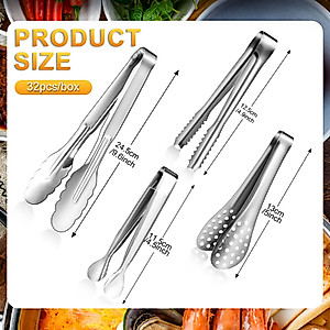 Mumufy 32 Pcs Mini Serving Tongs Buffet Serving Utensils Stainless Steel Small Tongs Catering Kitchen Tongs for Appetizer Tea Party Coffee Bar Food Ice Salad Barbecue Cookies Sugar, 4 Styles (Silver)