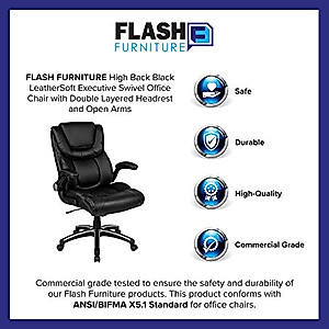 Flash Furniture Hansel High Back Black LeatherSoft Executive Swivel Office Chair with Double Layered Headrest and Open Arms