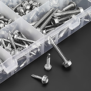 HELIFOUNER 320 Pieces #8#10#14 Hex Washer Head Self Drilling Sheet Metal Screws Assortment Kit, 410 Stainless Steel