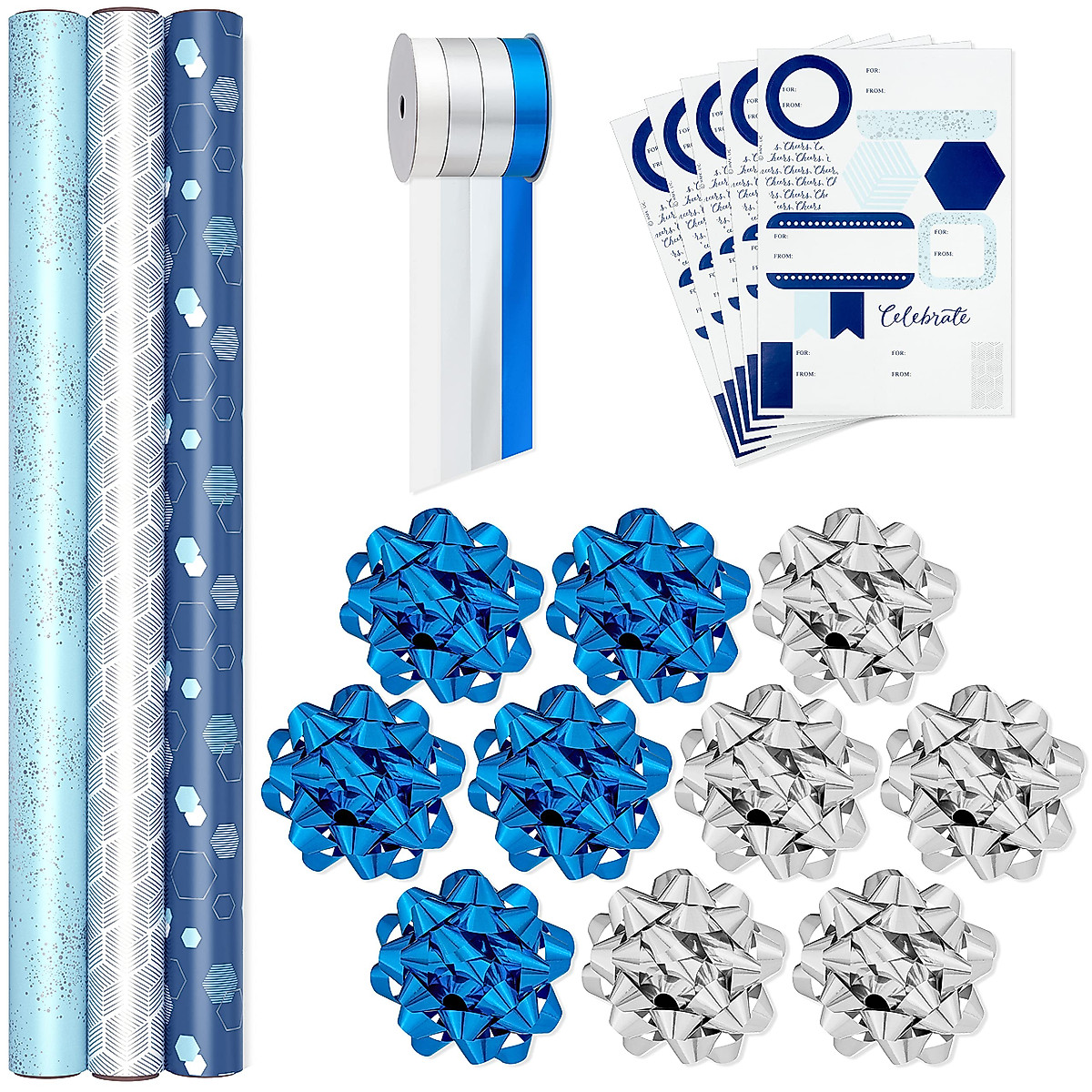 Hallmark Blue and Silver Wrapping Paper Set (3 Rolls: 90 Sq. Ft. Ttl, 10 Bows, Ribbon, Gift Tag Stickers) for Birthdays, Hanukkah, Father's Day, Graduations, Weddings
