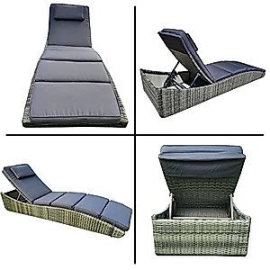BTEXPERT Foldable Outdoor Chaise Pool Lounge Chair Folding Wicker Rattan Sun Bed Patio Couch Reclining Lounger Adjustable Padded Backrest Pillow Assembled Set of 2, Grey - Two Piece