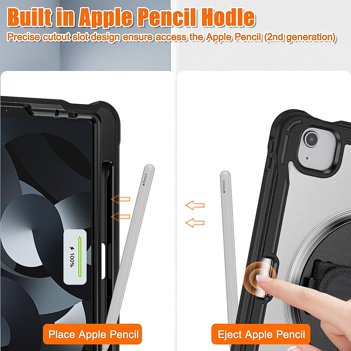 KYJX Tablet Case for iPad Pro 11 inch 2022/2021/2020/iPad Air 5th/4th, 360 Rotating Hand Strap Stand Heavy Duty Protective Cover with Shoulder Strap (Black)