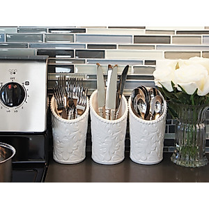 iEnjoyware Kitchen Tool Crock (4 Pieces) - 3 Ceramic Utensil Holders (4" Dia x 7" H each) & 1 Metal Caddy - White & Embossed Design