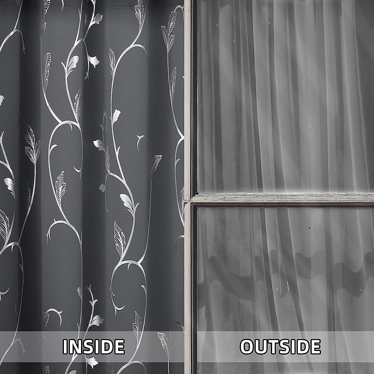 BUHUA Blackout Curtain for Living Room, Grommet Top Black Out Drape, Silver Vine Print Thermal Insulated Room Darkening Curtains 2 Panels for Bedroom (38 x 96 Inch, Dark Grey)