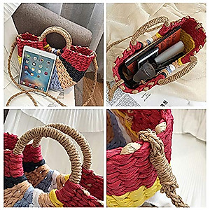 QTKJ Women Summer Retro Straw Tote Bag Hand-woven Colorful Boho Shoulder Bag Crossbody Bag Round Handle Beach Handbags