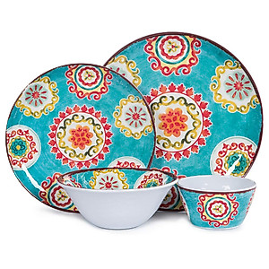 Yinshine 16pcs Melamine Dinnerware Set for 4, Outdoor and Indoor Dinner Dishes Set for Everyday Use, Break-resistant, Turquoise