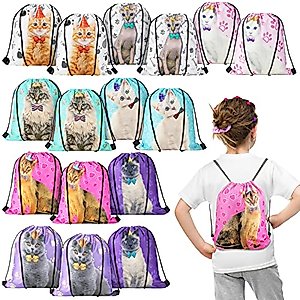 16 Pcs Cat Party Favor Bags Cat Drawstring Bags Backpack Cat Drawstring Sport Gym Sack Cartoon Animal Drawstring Candy Goodies Treat Bags for Kids Birthday As Loot Gift