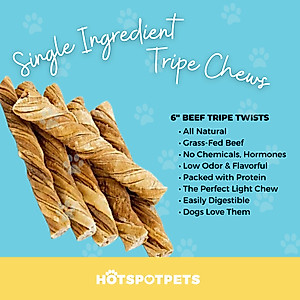 hotspot pets Tripe Twists for Dogs - Premium All Natural Beef Sticks - Single Ingredient Crunchy Dog Chew Treats - Rawhide Free -6 Inch Dog Treats