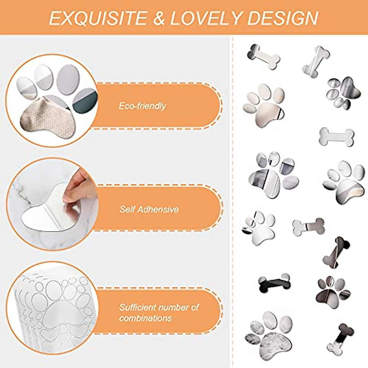 26 Pcs Dog Decor Mirror Stickers Dog Paw Bones Prints Acrylic Mirror Wall Sticker Removable Dog Pup Room Wall Decors Kids Children Nursery Bedroom Home Decoration