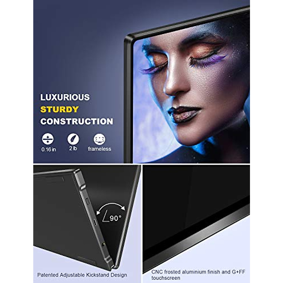 UPERFECT 4K Portable Monitor Touchscreen, S Gravity Sensor Automatic Rotate 15.6'' Slimmest 100% Adobe RGB 10-Point Touch UHD 2 USB C Monitor Bracket Integrated & Frameless Bezel Glass Laptop Display