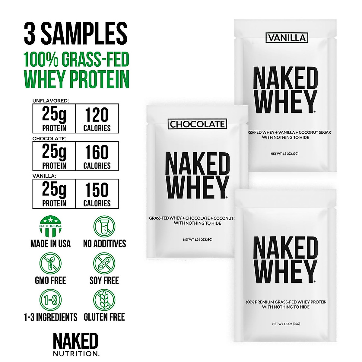 Naked Whey Sample Pack - Unflavored, Chocolate, and Vanilla