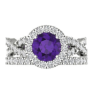 Clara Pucci 2.34 carat Round Shape Halo Solitaire Natural Amethyst Engagement Wedding Anniversary Bridal Ring band set 14k White Gold 6.5