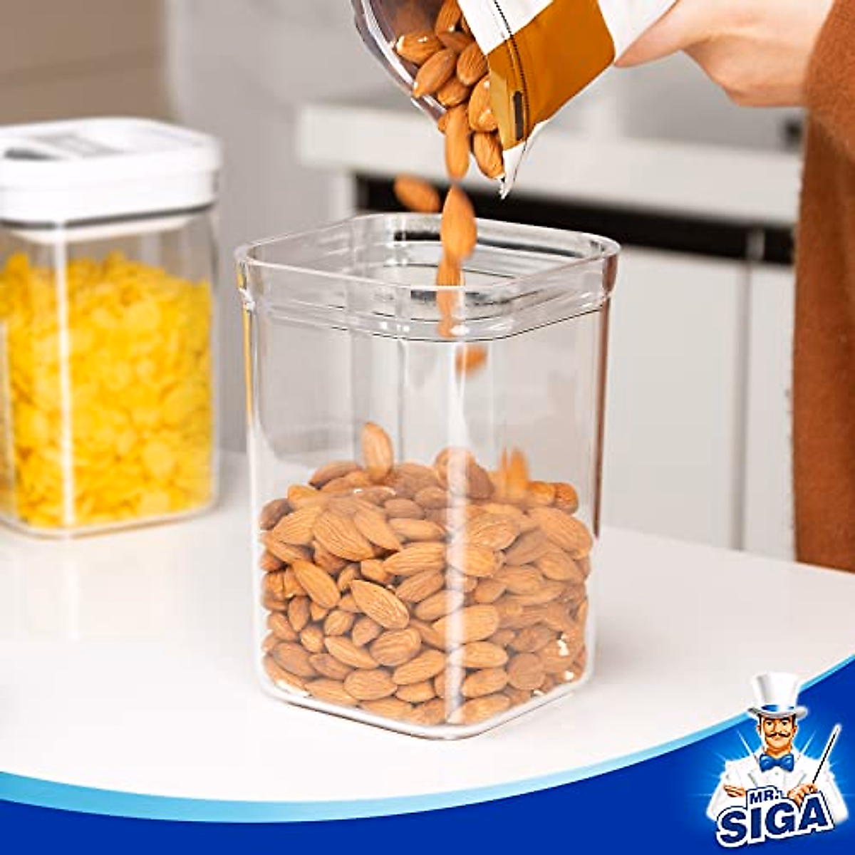 MR.SIGA 6 Piece Airtight Food Storage Container Set, BPA Free Kitchen Pantry Organization Canisters, One-Handed Kitchen Storage Containers for Cereal, Spaghetti, Pasta, White