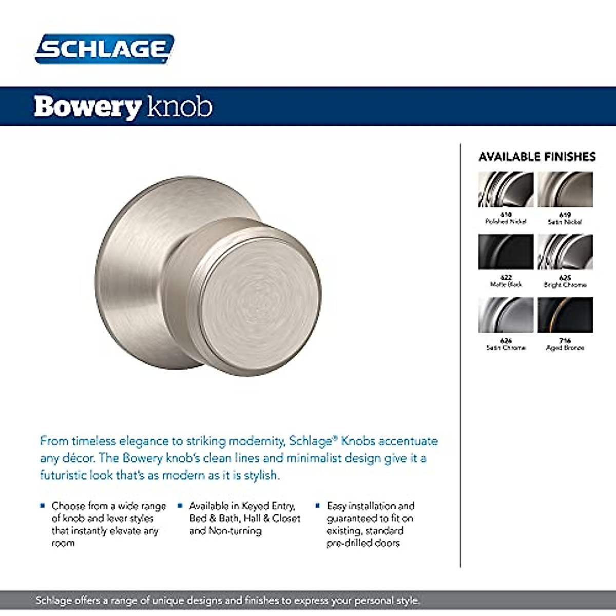 Schlage F10 BWE 619 GSN Bowery Door Knob with Greyson Trim, Hall & Closet Passage Lock, Satin Nickel