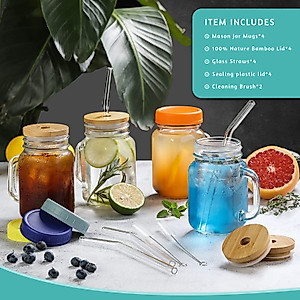 Mason Jars with Handle, Glass Mugs with Glass Straws and Bamboo Lids & Colorful Airtight Lids 4pcs Set - 16oz Old Fashioned Drinking Glass Cups, Reusable Travel Tumbler for Iced Coffee, Smoothie, Tea