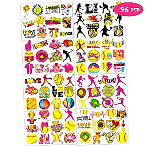 8 Sheets (96PCS) Softball Temporary Tattoos Sports Themed Birthday Party Decorations Favors Supplies Decor Stickers For Girls Boys Kids Gifts Classroom School Prizes Rewards