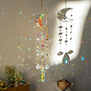 Chakra Tree of Life Crystal Suncatcher for Windows,Rainbow Maker Half Moon Sun Catcher with Crystal Prisms Hanging Crystals for Garden Home Decoration