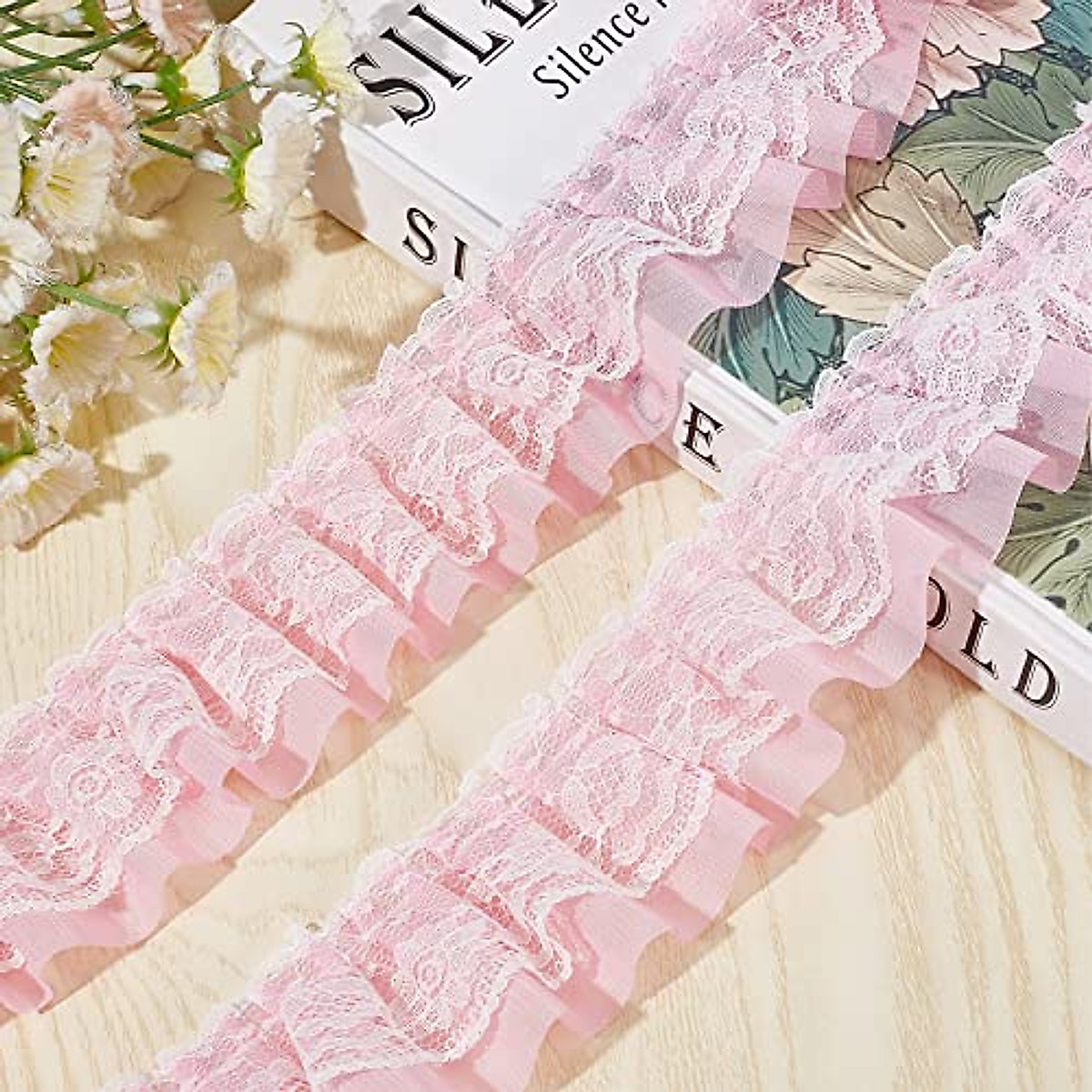GORGECRAFT 11 Yards Pink Double-Layer Pleated Chiffon Lace Trim 5cm Wide 2-Layer Gathered Ruffle Trim Edging Tulle Trimmings Fabric Ribbon for Home DIY Sewing Crafts Costume Pillowcase Embellishments
