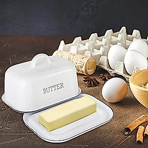 Suwimut Butter Dish with Lid, Farmhouse White Enamel Butter Dish Vintage Style Enamelware Butter Container with Cover, Enameled Steel Butter Keeper Butter Stick Holder for Countertop Kitchen Decor