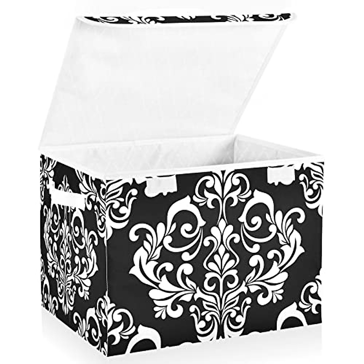 Kigai Storage Basket Black Damask Baroque Floral Storage Boxes with Lids and Handle, Large Storage Cube Bin Collapsible for Shelves Closet Bedroom Living Room, 16.5x12.6x11.8 In