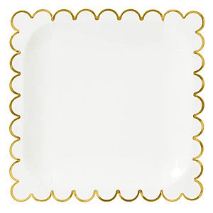 Juvale 48 Pack Square White and Gold Paper Plates with Foil Scalloped Edges for Wedding, Bridal Shower, Birthday (9 In)
