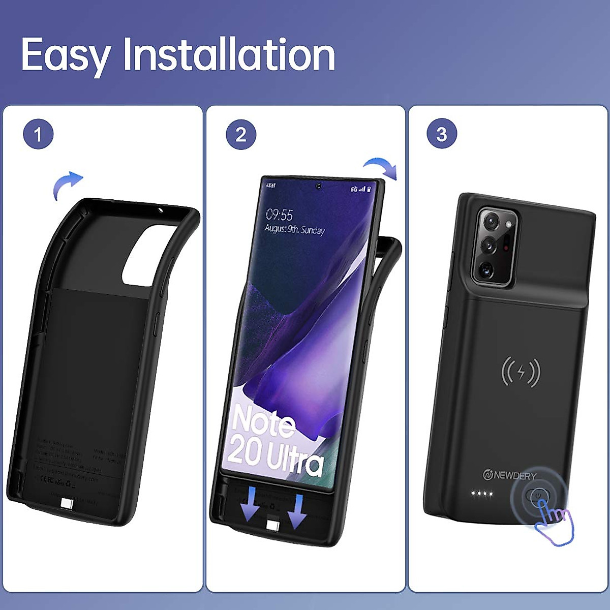 NEWDERY Battery Case for Galaxy Note 20 Ultra 10000mAh, Fast Charging & Qi Wireless & Android Auto Supported, Extended Backup Charger Case for Samsung Galaxy Note 20 Ultra 5G (6.9") Black