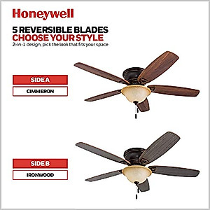 Honeywell Ceiling Fans Glen Alden, 52 Inch Classic Flush Mount Indoor LED Ceiling Fan with Light, Pull Chain, Quick-2-Hang Dual Finish Blades, Reversible Motor - 50517-01 (Oil Rubbed Bronze)