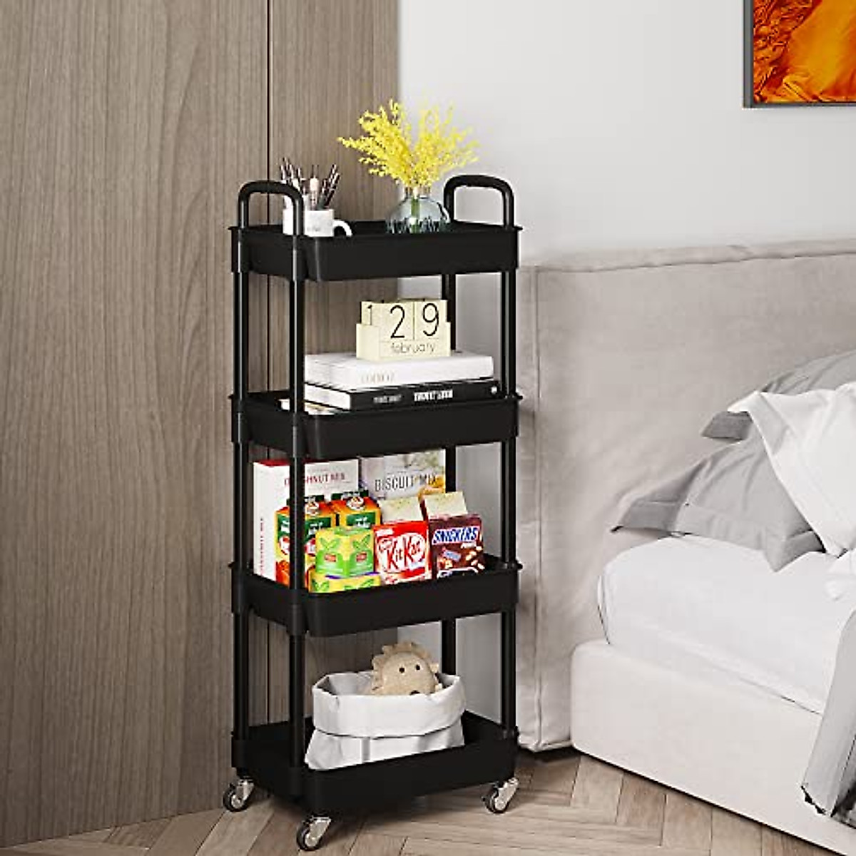 Buzowruil 4-Tier Utility Rolling Plastic Storage Cart Trolley with Lockable Wheels,Multifunctional Storage Shelves for Kitchen Living Room Office,Black