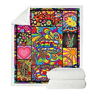 Juirnost Gift For Hippie Style Peace Love Flower Hippie Throw Blankets 70s Peace Sign Blanket Retro Hippy Stoner Groovy Blanket Hippy Gifts for Couch Bed Sofa Soft Cozy Fleece Plush Reversible Blanket