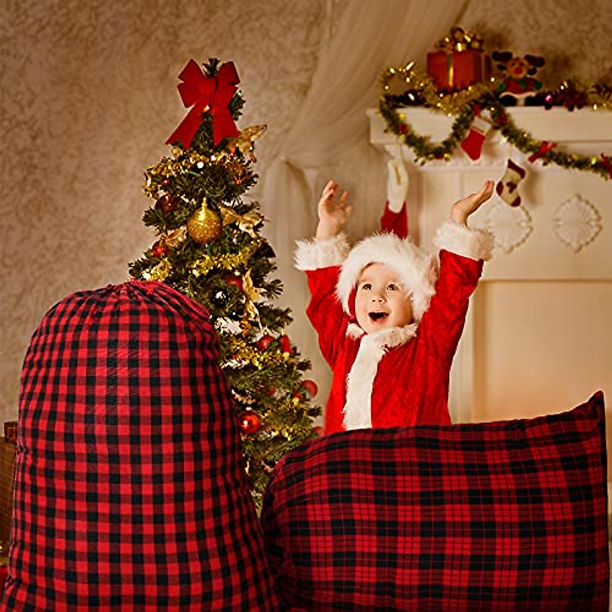 2 Pieces Christmas Sack Buffalo Plaid Drawstring Storage Bags Exlarge 39.37 x 25.9 Inch Xmas Storing Sacks Bags for Party Favors Supplies (Black and Red Plaid)