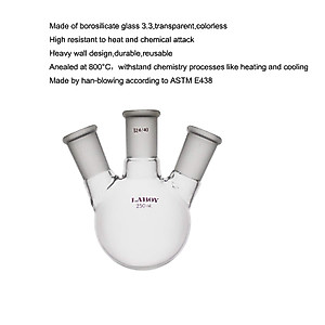 Laboy Glass 250mL 3 Neck Round Bottom Boiling Flask with 24/40 Center Joint & Side Joints Angled Distilling Receiving Reflux Flask Multi Neck Distillation Apparatus Organic Chemistry Lab Glassware