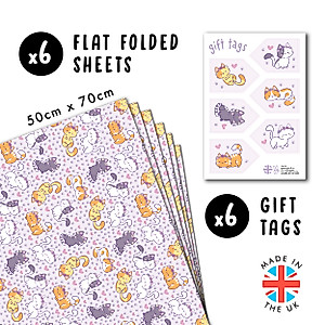 CENTRAL 23 - Birthday Wrapping Paper - Purple Gift Wrap Sheets - Cats and Hearts - 6 GiftWrap Sheets for Women Girls Female Teenage Kids