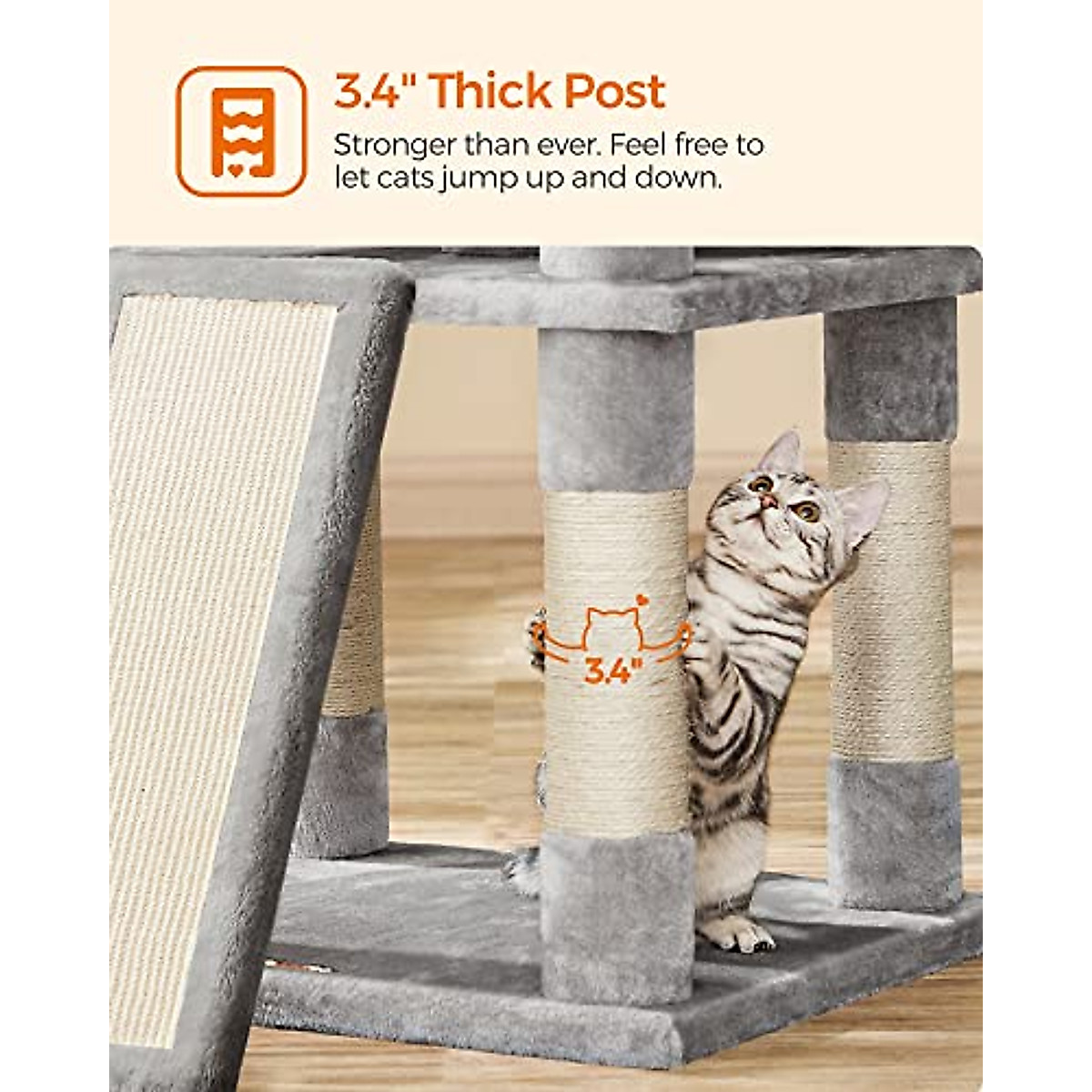 FEANDREA 67-Inch Multi-Level Cat Tree for Large Cats, with Cozy Perches, Stable, Light Gray UPCT18W