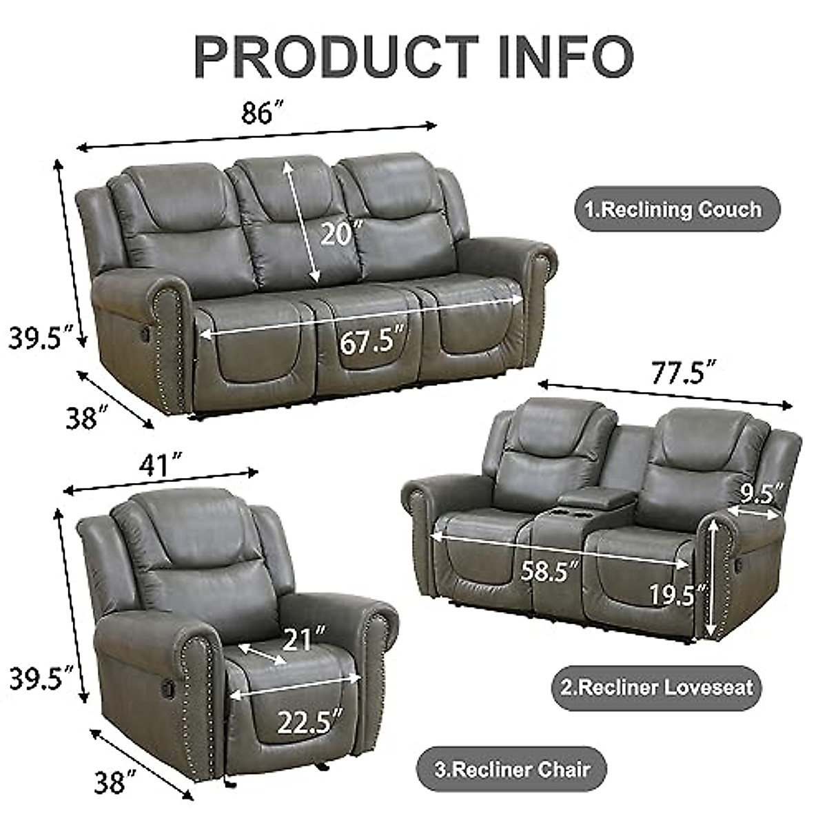 GEBADOL Manual Leather Recliner Sofa Set,Living Room Furniture Set, Leather Couch Set with Storage Console & Cup Holder for Living Room/Apartment(Sofa&Loveseat,2 Pieces,Leather Sofa Set) Grey