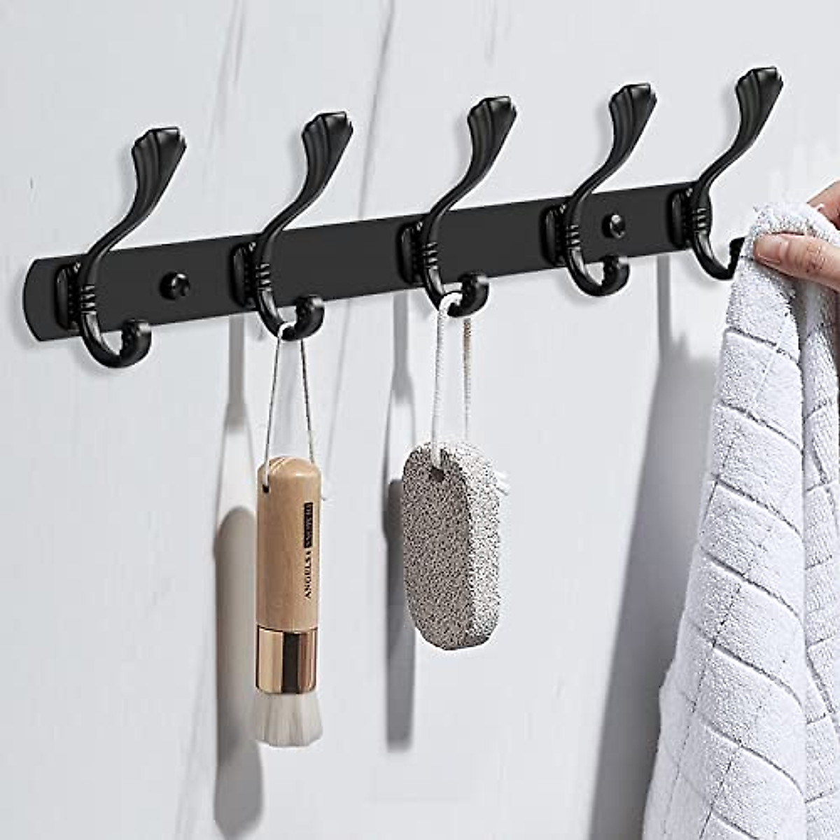 MOKANI Coat Rack Wall Mounted 2 Pack, Stainless Steel Wall Coat Hooks, Heavy Duty Metal Hook Rack Rail for Hanging Clothes Towel Coat Hat Key Robes Entryway Bathroom Kitchen (5 Hooks,Black)