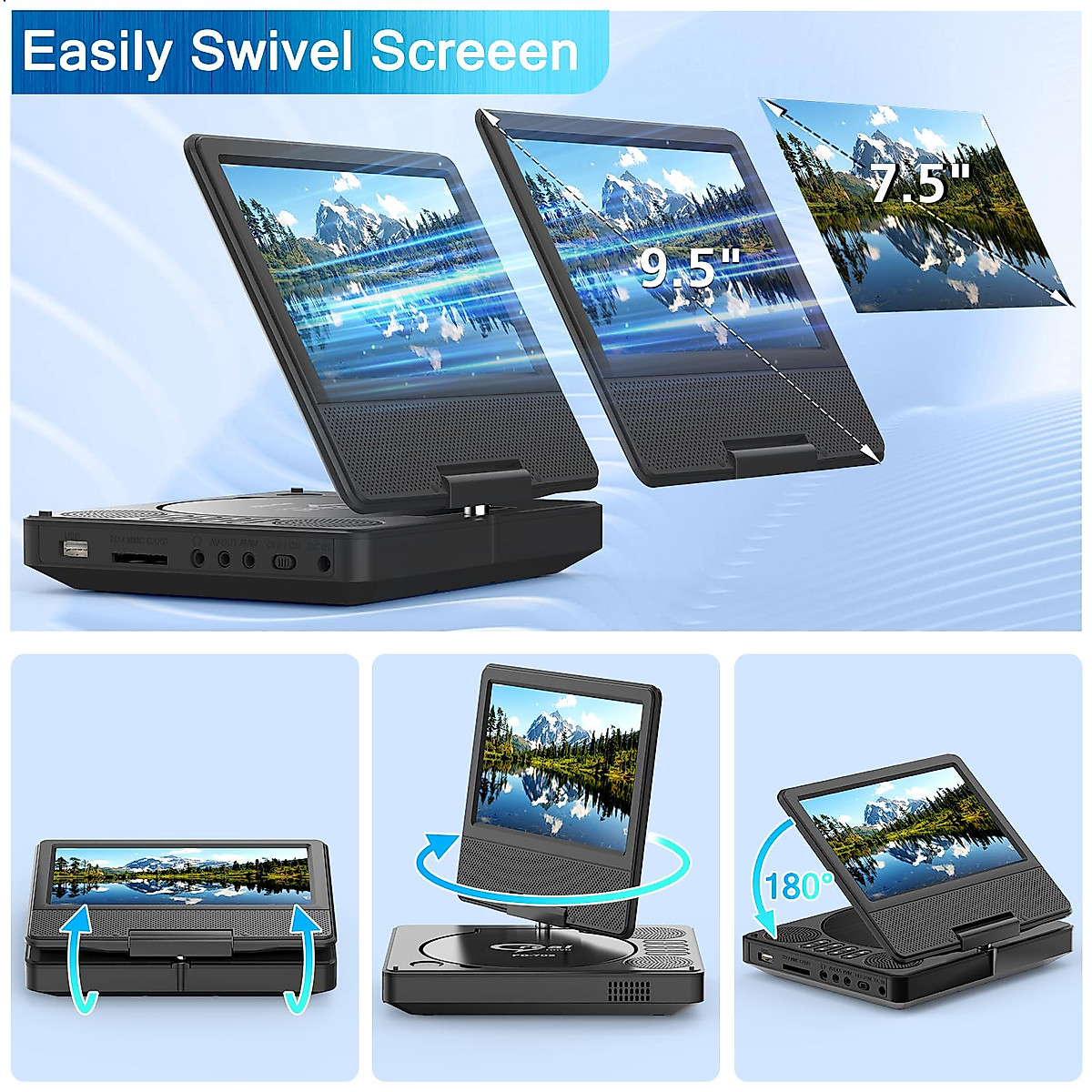 9.5" Portable DVD Player with 7.5" Swivel Display Screen, 5-Hour Built-in Rechargeable Battery, Car DVD Player,Supports SD Card/USB/CD/DVD and Multiple Disc Formats, High Volume Speaker,Black……