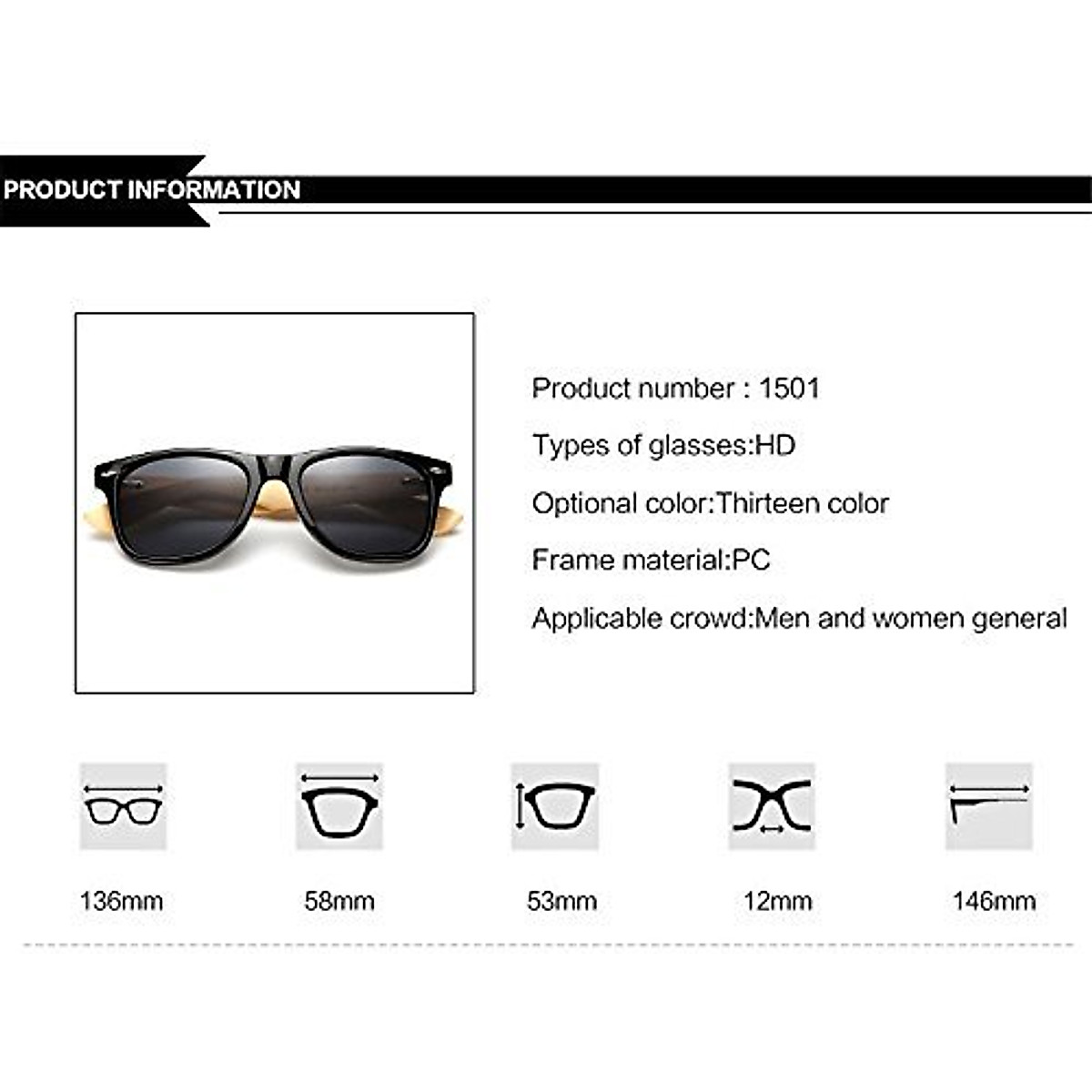 Long Keeper Bamboo Wood Arms Sunglasses for Women Men (Black, Blue)