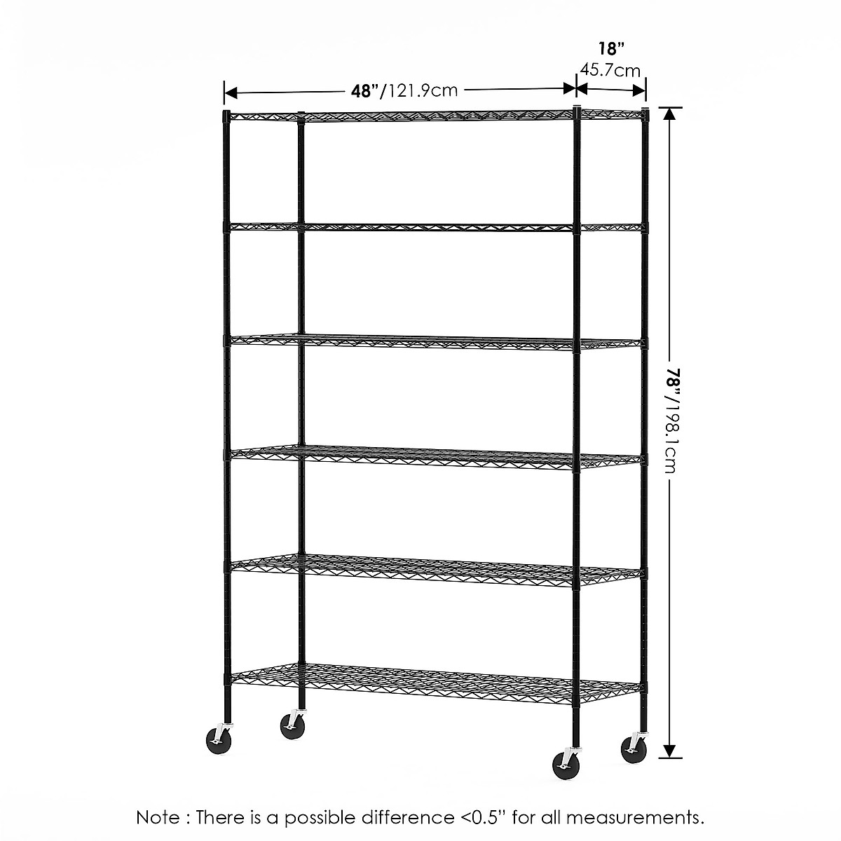 Furinno Wayar 6-Tier Metal Storage Shelf Rack, 48 x 18 x 78, Black