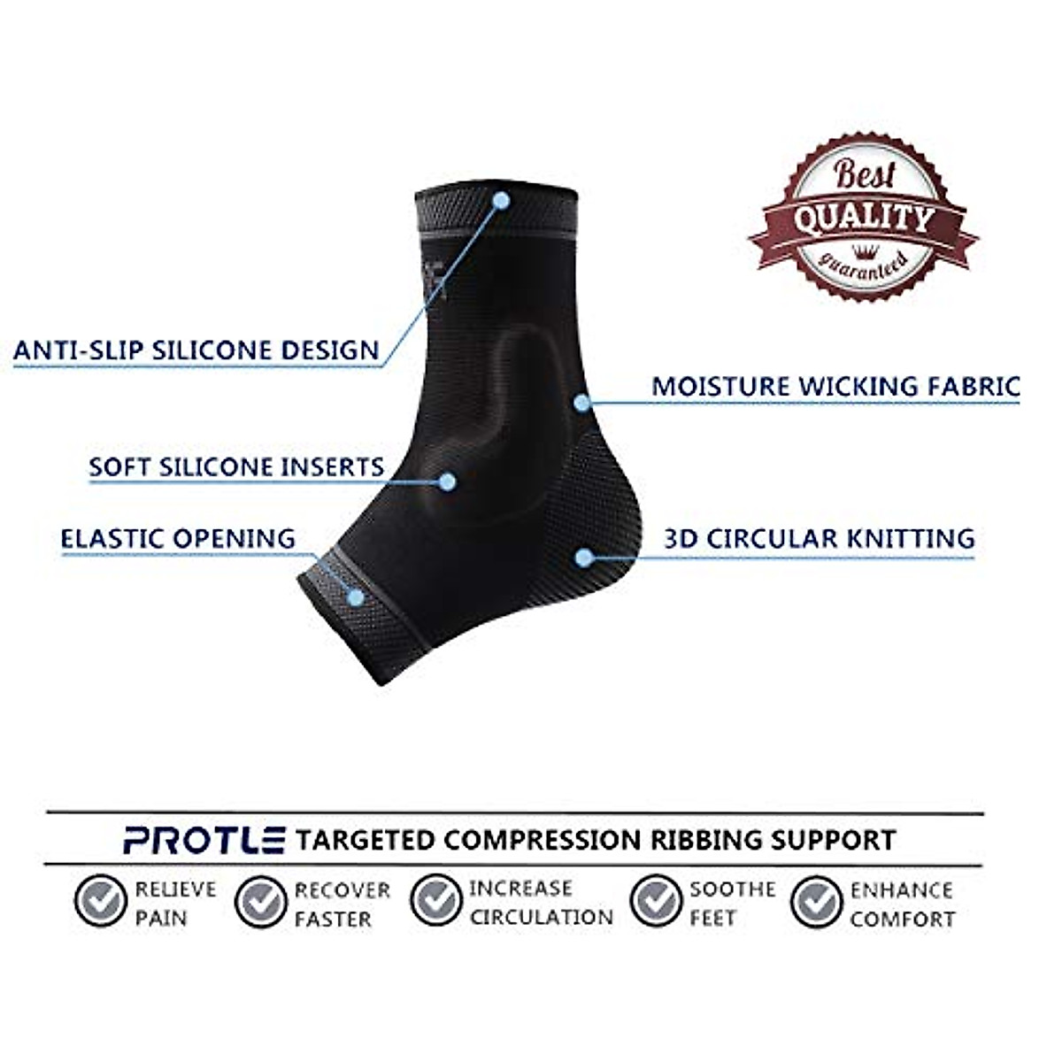 Protle Adjustable Foot Socks, Ankle Brace Compression Support Sleeve with Silicone Gel, Arch Support - Boosts Recovery from Joint Pain, Sprain, Plantar Fasciitis (Black-Large)